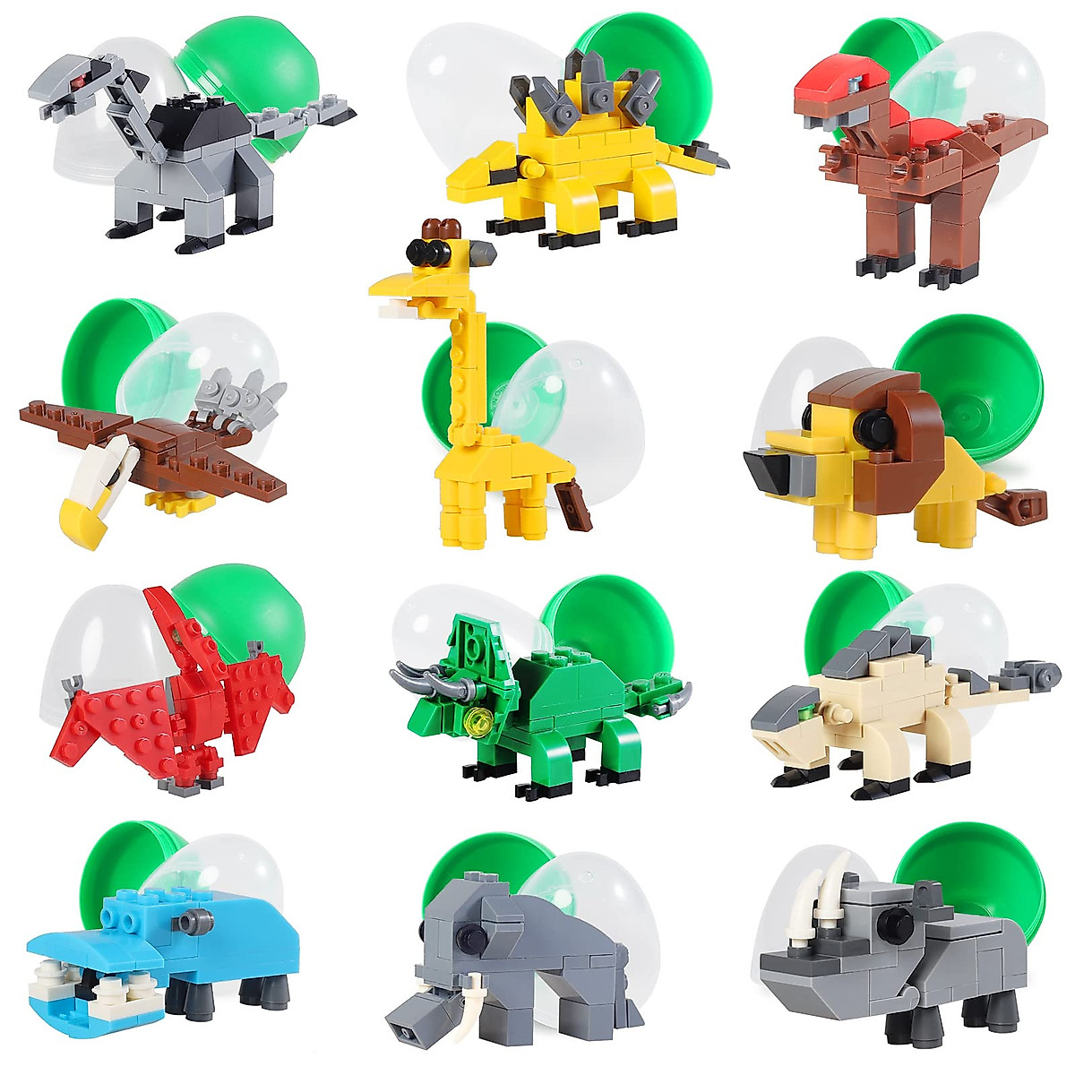 12 Pcs Pre Filled Easter Eggs with Jungle Animals Dinosaurs Building Blocks, 3.25" Eggs for Easter Basket Stuffers, Easter Party Favors, Easter Egg Hunt, Classroom Events, Science STEM Gift