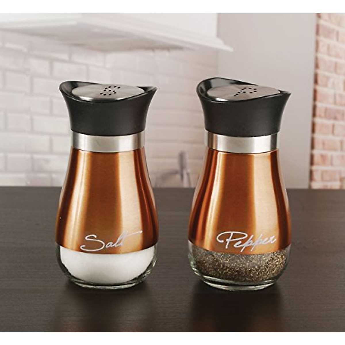 Circleware Cafe Contempo Elegant Glass Salt and Pepper Shakers Dispenser, Clear Bottom Jar Bottle Container with Stainless Steel Top, Perfect for Himalayan Seasoning Herbs Spices, 4.4 oz, Copper