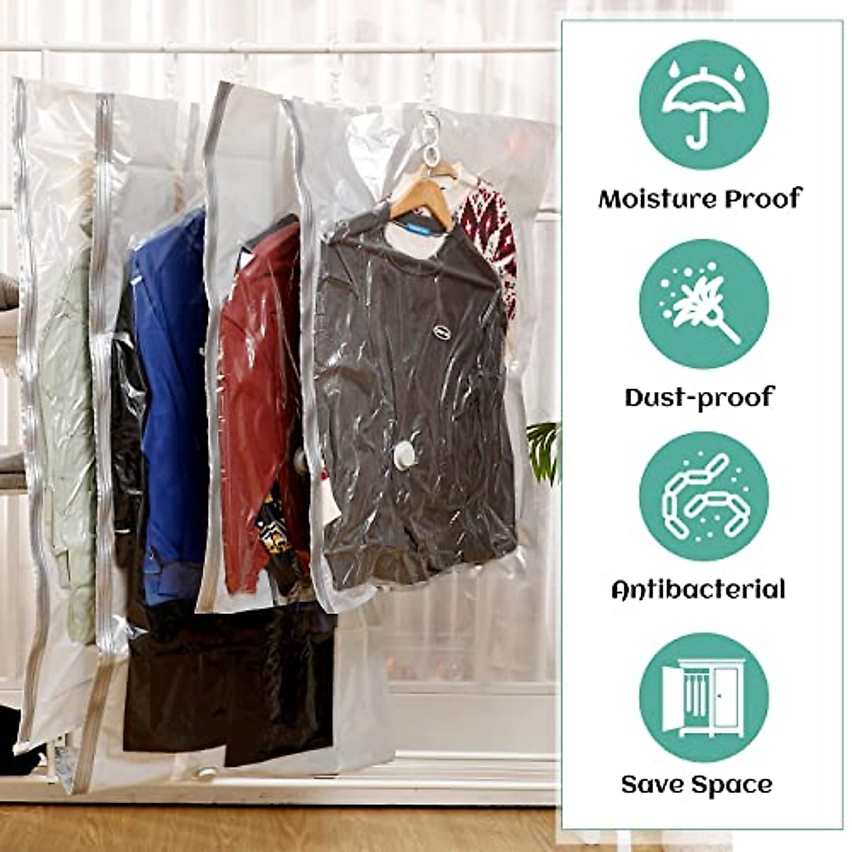 12 Pieces Hanging Vacuum Storage Bags with 2 Hand Pumps Vacuum Seal Garment Storage Bags Reusable Compression Bags for Clothes Storage and Closet Organizer, 3 Sizes S M L