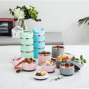 Lille Stackable Stainless Steel Thermal Compartment Lunch/Snack Box, 3-Tier Insulated Bento/Food Container with Lunch Bag, Fork & Spoon, Smart Diet, Weight Control, 43 OZ, Grey