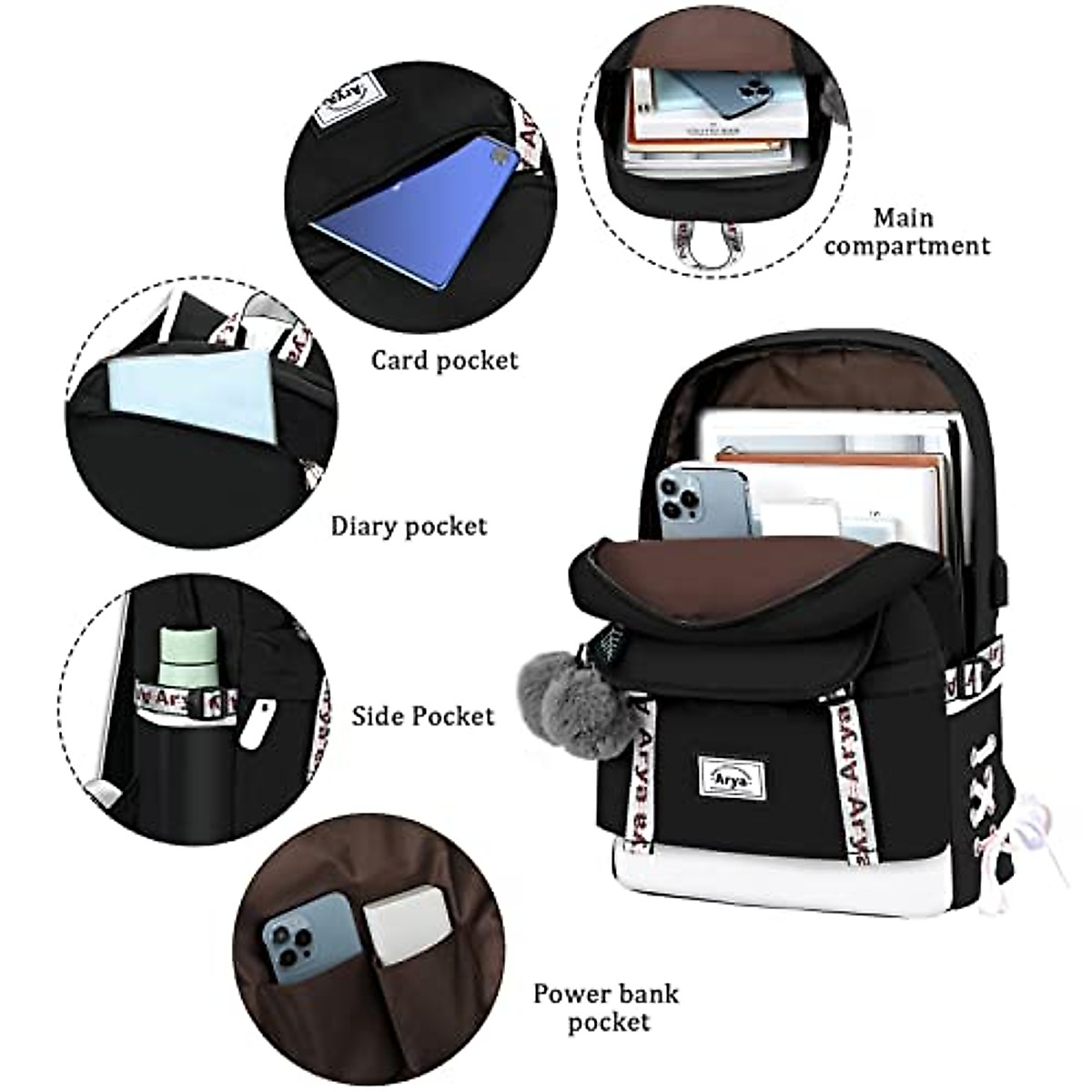 Arya Backpacks for Girls Teenage School Bags Kids Bookbag Teen Girls Backpack Elementary Middle Back Pack Children 8 9 10 11 12 13 14 15 Years Old (Black)