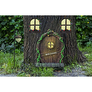 SONSIL Resin Miniature Fairy Gnome Home Windows and Welcome Door with Fairy Lantern,Glow in Dark Art Sculpture for Trees Outdoor Indoor Garden Yard Wall Decorations
