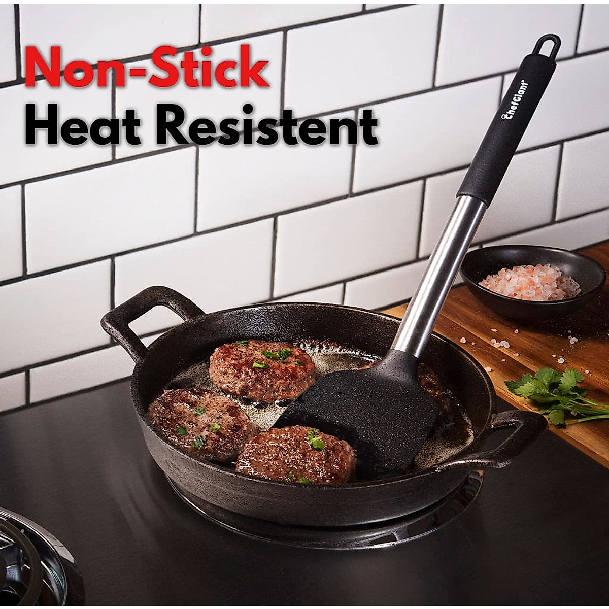 Chef Giant Silicone Kitchen Utensil Set | 15-Piece Stainless Steel Cooking Tool Kit with Holder, Spatula, Ladle, Pasta Server, Tongs, Whisk & More | Heat Resistant, BPA Free, Dishwasher Safe | Black