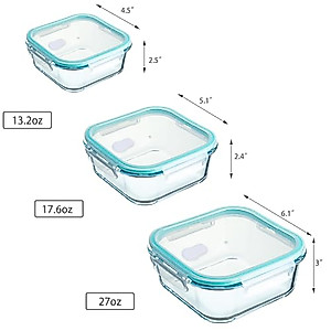 ATRDTO 6 Pieces Square Glass Food Storage Containers with Lids, Meal Prep Containers for Food Storage, BPA Free & Leak Proof (3 lids & 3 Containers)