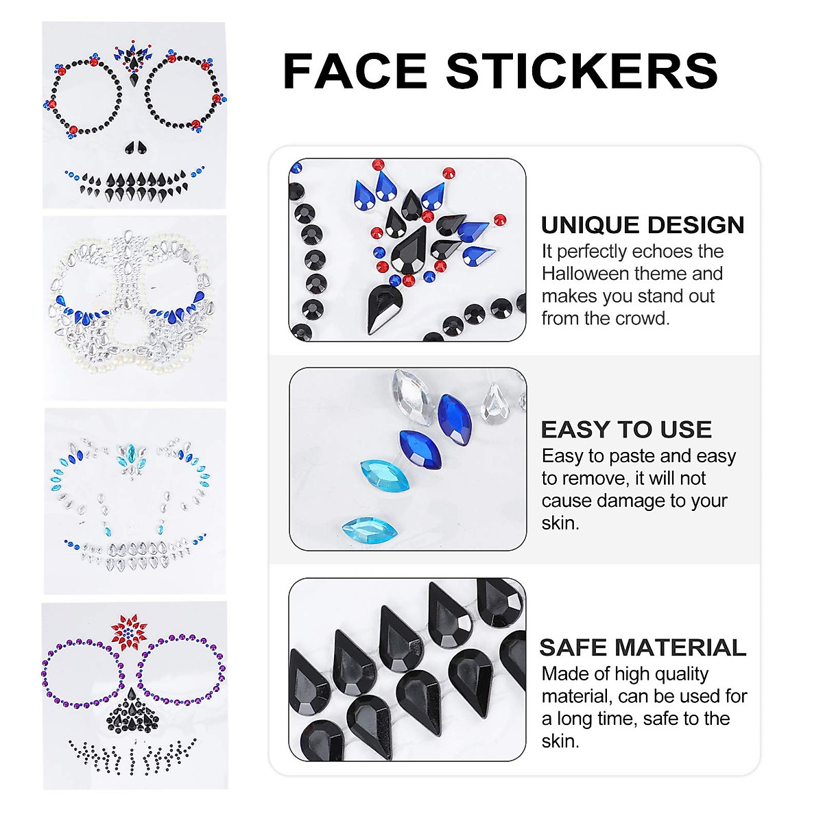 Lurrose Day of the Dead Skull Face Gems Jewels Tattoos, 4Pcs Rhinestone Halloween Jewels Tattoo Stickers for Halloween Festival Rave Party