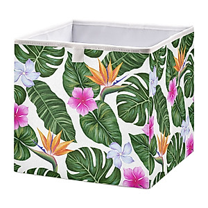 Burbuja Hawaiian Floral Palm Leaf Storage Cubes Fabric Storage Bins Foldable Closet Organizer Basket with Handle, 15.7x10.6x6.7 Inch