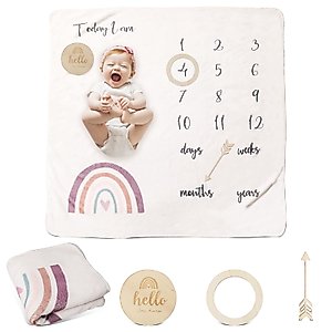 ibwaae Baby Thick Flannel Monthly Milestone Blanket Newborn Growth Chart Soft Neutral Photography Background Blanket (40＂x41＂) with Milestone Card Circle Ring Arrow Gift（Rainbow