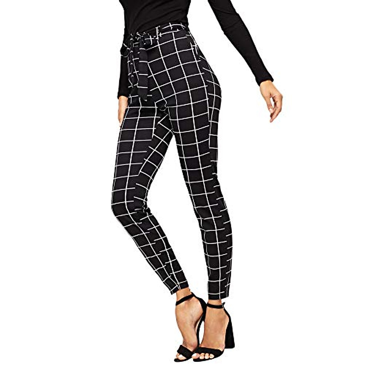 WDIRARA Women's Stretchy Plaid Print Pants Soft Skinny Regular Fashion Leggings Black-2 L