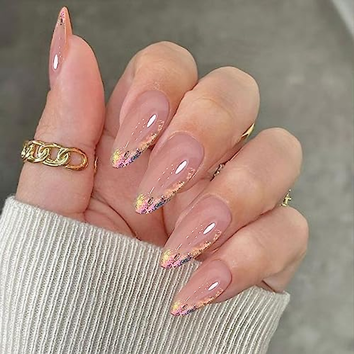YOSOMK French Tip Medium Press on Nails Almond Fake Nails with Glitter Sequins Designs Luxury Glossy Glue on Acrylic Nails Bling Colorful False Nails for Women