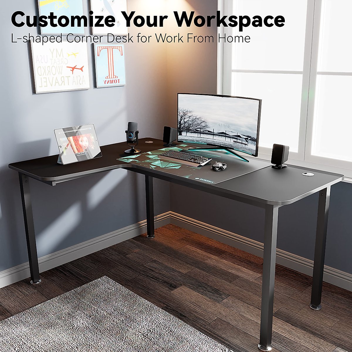 DESIGNA Gaming Desk 60",L-Shaped Computer Corner Desk with Large Mouse Pad,Ergonomic Gamer Table Workstation, Sturdy Metal Frame, Left Side Rustic Brown