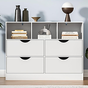 Housoul 4 Drawers Dresser with Open Cube, Chest of Drawers, Dresser for Bedroom, Fabric PU Drawer Dresser, White Dresser with Large Organizer, Closet Dresser with 4 Drawers, White