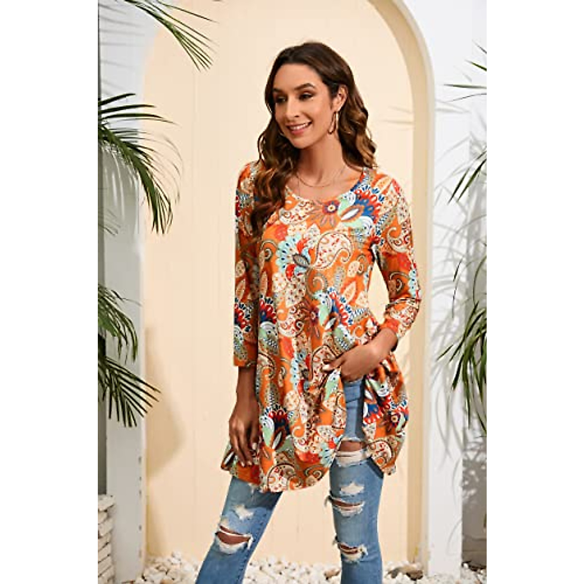 ENMAIN Women's Tunics Tops Plus Size Loose Fit 3/4 Sleeve Top Dressy Casual Swing Paisley Floral Orange Crewneck Hide Belly Tunic Tops to wear with Leggings