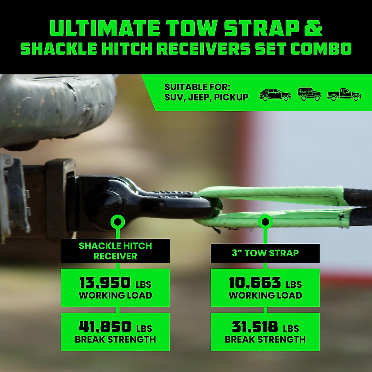 Rhino USA Heavy-Duty Recovery Gear Combos Off-Road Jeep Truck Vehicle Recovery, Best Offroad Towing Accessories - Guaranteed for Life (30' Strap + Shackle Hitch)