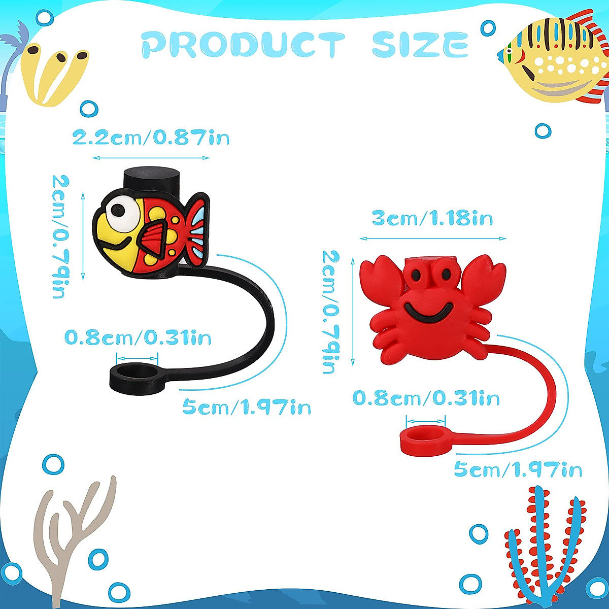 Silicone Drinking Straw Tips Cover/Lids/Topper/Plugs/Cap Reusable Cute Dust Proof for 6-8 mm Straws Outdoor Home Kitchen Party Decor (Aquatic Creature), 10 Pack