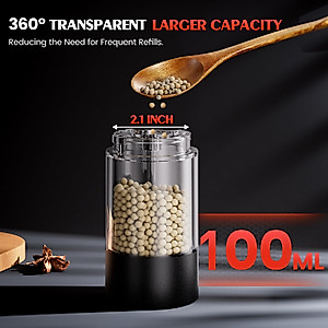 Electric Salt and Pepper Grinder Set Automatic Battery Pepper Mill Shakers Adjustable Coarseness Easy Filling Upgraded Larger Capacity with Led (2 Pack Black/Black）
