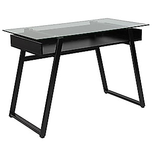 Flash Furniture Huntley Glass Computer Desk with Shelf and Black Metal Legs