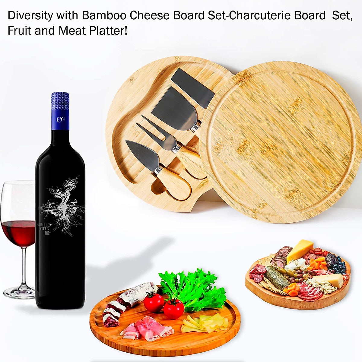 Charcuterie Board Set, Small Cheese Boards, Bamboo Cheese Board and Bamboo Serving Tray Including 4 Stainless Steel Knife, Perfect Choice for Breakfast, Dinners and Special Celebrations by ANAXOR