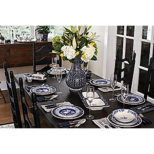 Euro Ceramica Blue Garden 16 Piece Oven Safe Hand Painted Stoneware Dinnerware Set, Service for 4, Bold Vase Design/Floral Pattern, White and blue