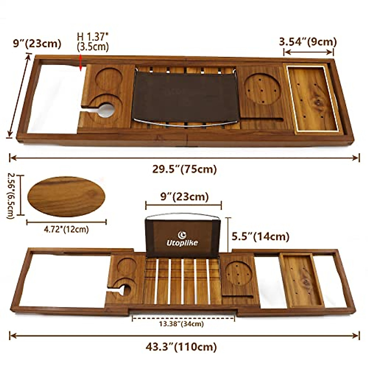 Utoplike Teak Bathtub Caddy Tray Bath Tray for Tub and Teak Wood Shower Caddy Corner 2 Tier Bathroom Organizer Countertop Set