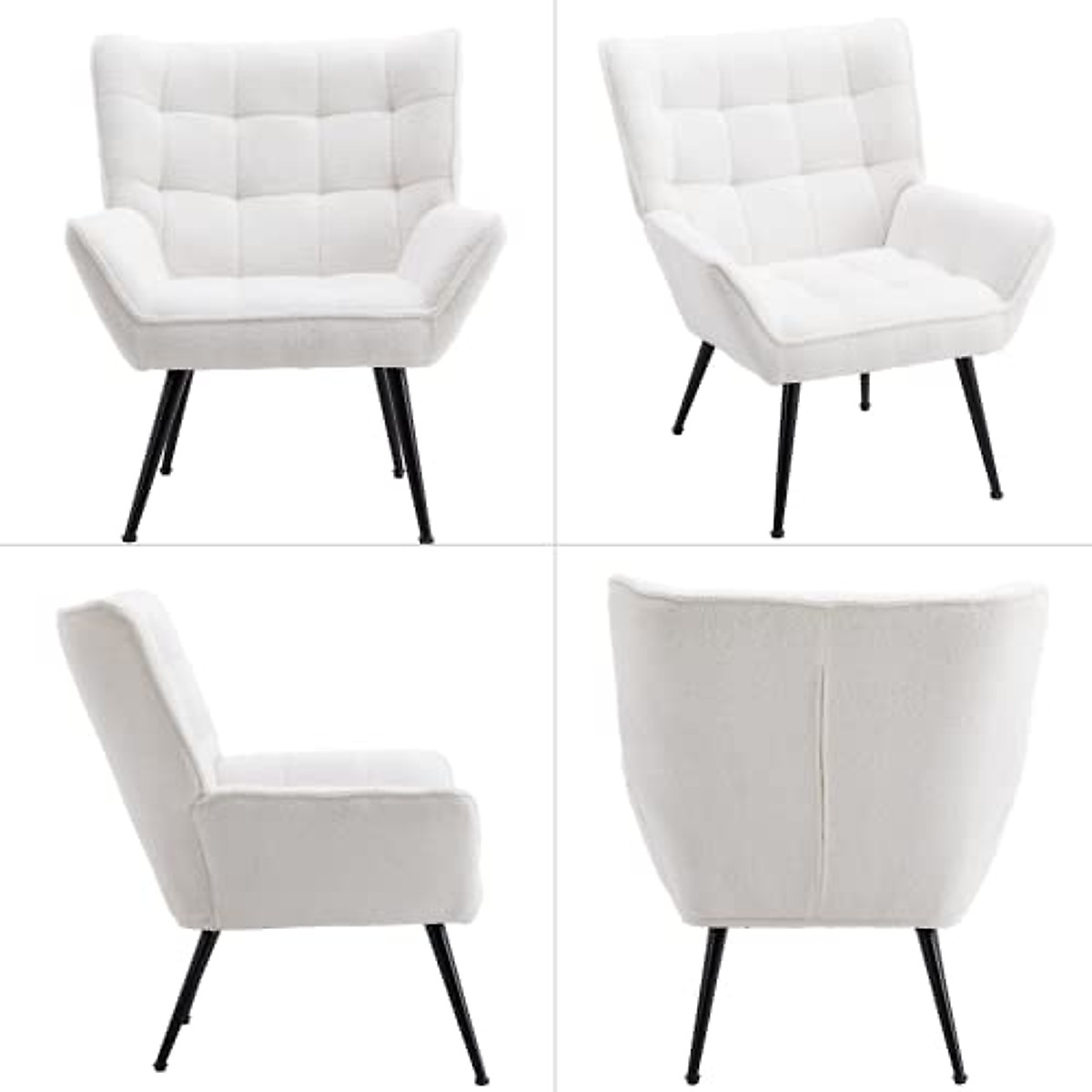 Ya-Home Modern Accent Chair, Comfy Sherpa Leisure Armchair with Backrest and Black Metal Legs, Upholstered Channel Tufting Detail Side Chair for Living Room Bedroom, 1PC, White