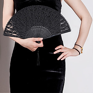 choyaxo Lace Handheld Chinese Folding Fan Bamboo Silk Folding Fan for Women Wedding Decoration Dancing Party, Black