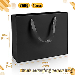 Rcybeo 15 Pack 10.6x3.1x8.3 Inch Black Gift Bags, Black Paper Bags with Tissue Paper, Black Gift Bags with Ribbon Handles for Retail, Grocery, Boutique, Wedding, Birthday, Party Supplies and Gifts