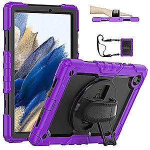 CLARKCAS Case for Samsung Galaxy Tab A8 10.5 Inch 2022, Case with Screen Protector Pencil Holder, Hand Strap Shoulder Strap, Kids Shockproof Silicone Rugged Cover Tablet Tab A8 Purple