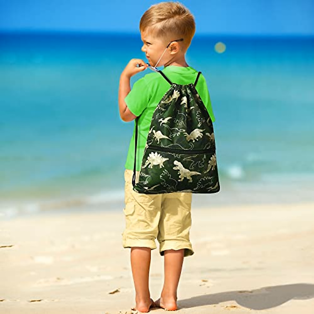 WAWSAM Dinosaur Drawstring Backpack - Drawstring Bags for Boys Kids Swim Bag for Beach Swim Swimming Pool Draw String Bags with Zippered Pocket Waterproof Sports Gym Bag