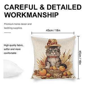 Cute Cat Autumn Pumpkin Throw Pillow Covers 18×18 Pillowcases Set of 1 Thanksgiving Day Linen Decorative Square Pillow Case Cushion Covers Standard Size for Sofa Couch Outdoor Bed Pillow Protectors