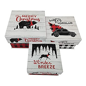 VOTUM Set of 3 Nesting Holiday Storage Boxes - Decorative Treasure Chest Stackable Paperboard Containers with Fitted Lids and Seasonal Sayings - Mountain Holiday