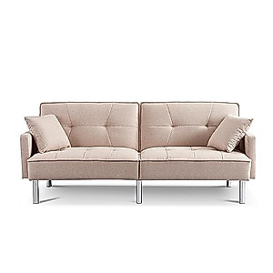 HomePop Upholstered Futon Bed with Chrome Legs, Modern Sofa Couches for Living Room, Small Spaces, Dorm, Apartment Sofabed, Standard, Beige