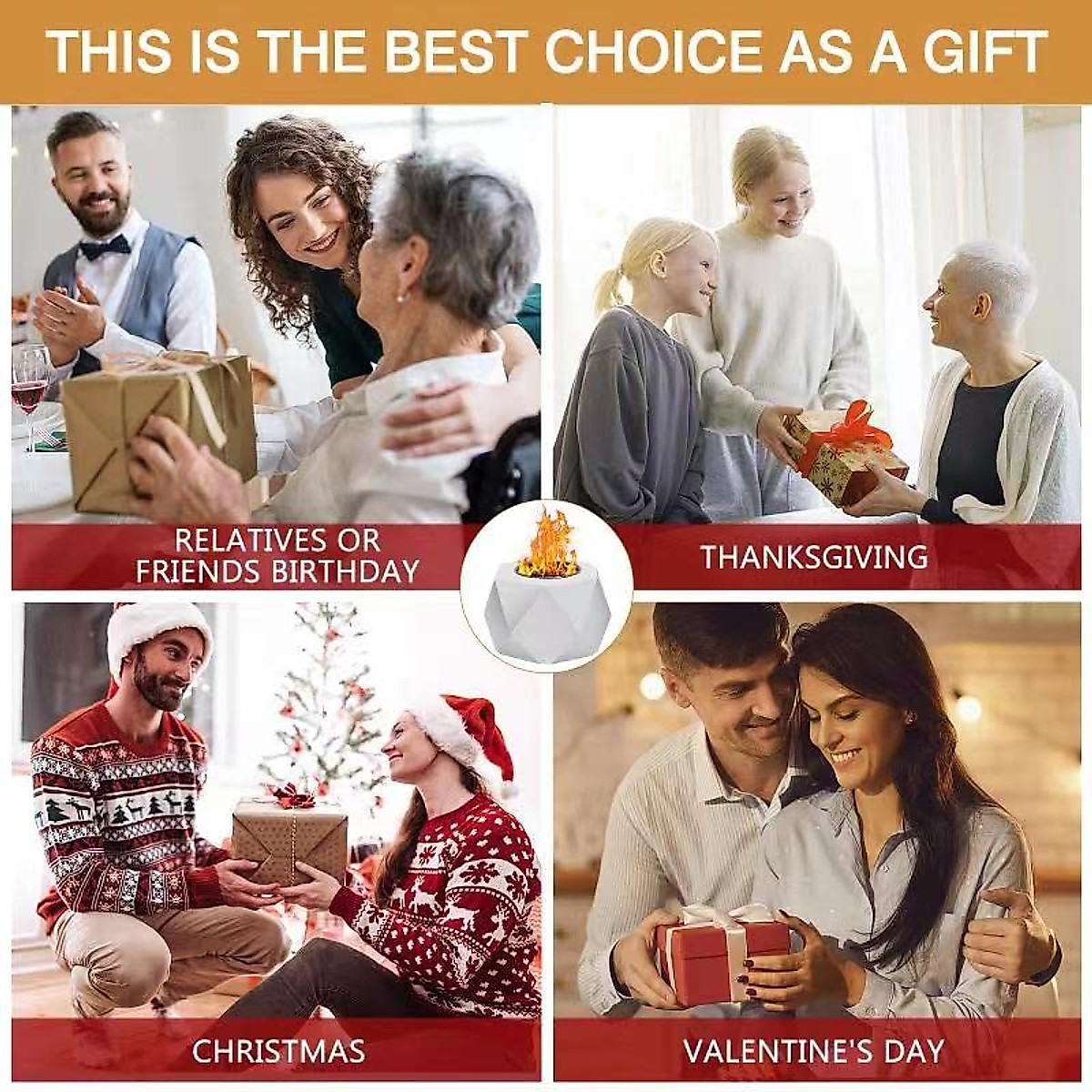 Table top Fire Pit Bowl - Long Time Burning Portable Concrete Tabletop Fireplace - Personal Cement Fire Bowl with Stylish Tabletop Decor for Patio Balcony, Gift for Mom, Dad, Grandma and Grandpa