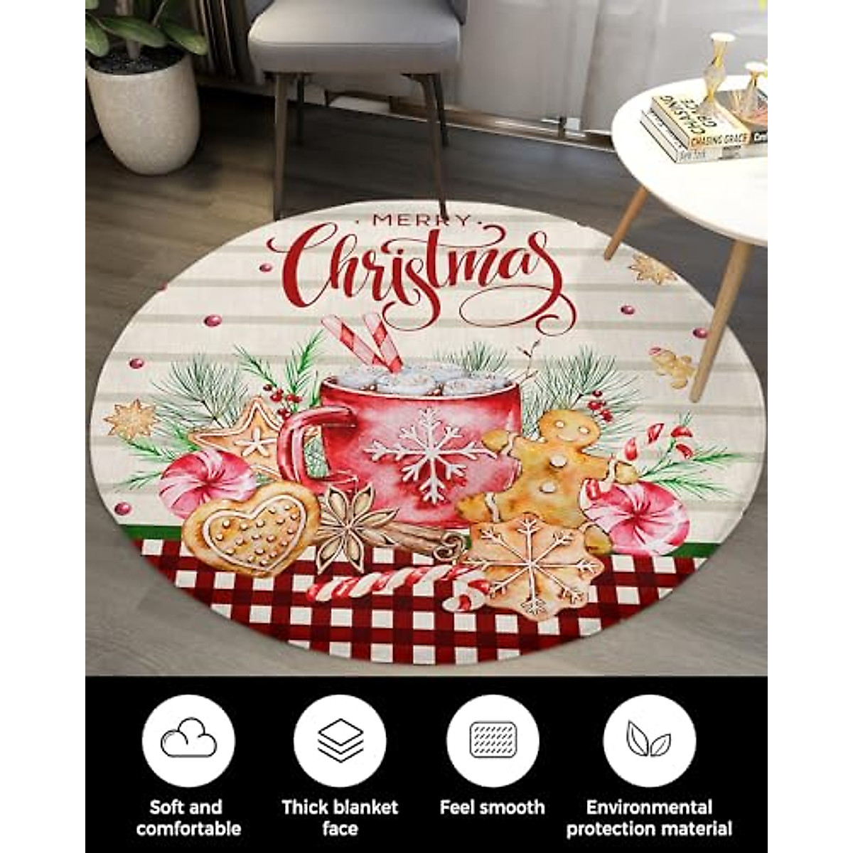 Christmas Fluffy Round Area Rug Carpets 5ft, Plush Shaggy Carpet Soft Circular Rugs, Non-Slip Fuzzy Accent Floor Mat for Living Room Bedroom Nursery Home Decor Farmhouse Country Buffalo Plaid Red