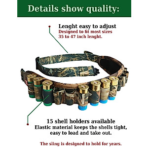 Underalert Shotgun Sling 12 Gauge with 15 Shell Holders, Adjustable Gun Sling with Thumb Loop and Built-in Swivels, 12ga Shotgun Strap for Hunting Turkeys, 2 Point Shot Gun Bandolier (Waterfowl Camo)