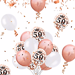 MOVINPE 50th Rose Gold Birthday Party Decoration, Happy Birthday Banner, Jumbo Number 50 Foil Balloon, 2 Rose Gold Fringe Curtain, Latex Confetti Balloon, Table Confetti for Girl Women Anniversary