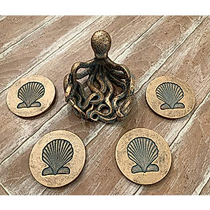 Octopus Coaster Set - Nautical Ocean Beach Sea Shell Coastal Decor - Bronze / Verdigris Finish