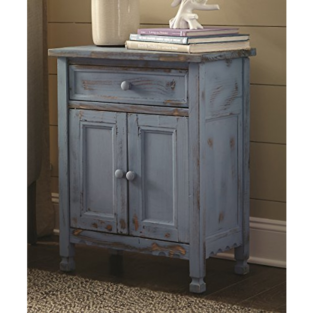 Rustic Cottage Accent Cabinet with 1 Drawer and 2 Doors in Blue Antique Finish for Living Room - Assembly Req'd., Distressed Wood, Adjustable/Removable Shelf
