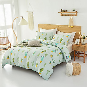 MOCAHOME Mint Duvet Cover Set Twin Size, Cactus Printed, 3 Pieces Soft Bedding 1 Duvet Cover+2 Pillow Cases