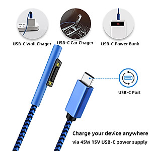Sisyphy Nylon Braided Surface Connect to USB-C Charging Cable (6ft Blue), Requires 45W 15V/3A USB-C Charger PD Power Supply, Compatible with Microsoft Surface Pro7/6/5/4/3 Go 3/2/1 Laptop
