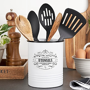 Baie Maison Large Kitchen Utensil Holder for Countertop - Farmhouse Kitchen Tools Storage Organizer Utensil Crock - White Cooking Utensil Holder for Kitchen Counter - Utensil Caddy Jar Spatula Holder