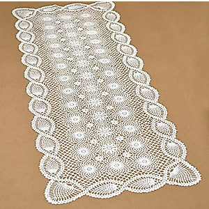 Cut to Size Vinyl Lace, Cabinet Shelf or Pantry Liner, Table Runner, Dresser or Night Stand Scarf. Crochet, Scallop Trim, Easy Clean, Stain Resistant, Measures 14x43 Inches, White, Set of 2