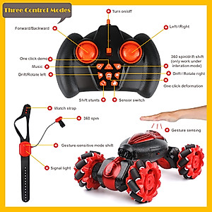 BIRANCO. RC Stunt Car Gesture Sensing - Christmas Red, 2.4GHz 4WD Hand Controlled Double Sided Remote Control Car with Music & Lights, Kids Toy, Gift Ideas for Boys Age 5-12 Years Old