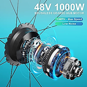 SMLRO Electric Bikes 1000w Ebike Fat Tire Electric Mountain Bike 48V 16AH Removable Battery 26 * 4.0'' Adult Electric Bicycles Hydraulic Disc Brakes Shimano 21 Speed (Blue & Black)