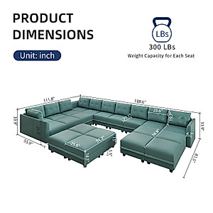 LLappuil Oversized Modular Sofa 21 Seater Sectional Couch with Storage, Large Faux Leather Fabric Waterproof U Shaped Sectional Couch for Living Room, Aqua Blue