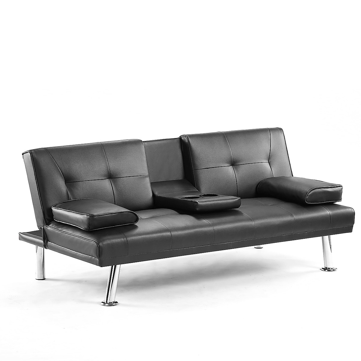 Eafurn Faxu Leather Futon Bed Convertible Folding Couch for Living Room Sectional Sleeper Sofa for Small Space with Cup Holder and Removable Armrest, Black