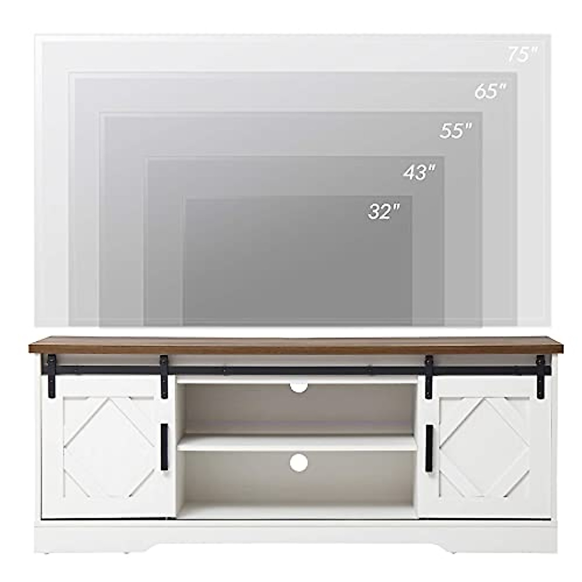WAMPAT Farmhouse Sliding Barn Door TV Stand for TVs Up to 65 inch, Modern Storage Entertainment Center, Wood Media Console Table Cabinet 3-Level Adjustable Shelf for Living Room, White/Oak