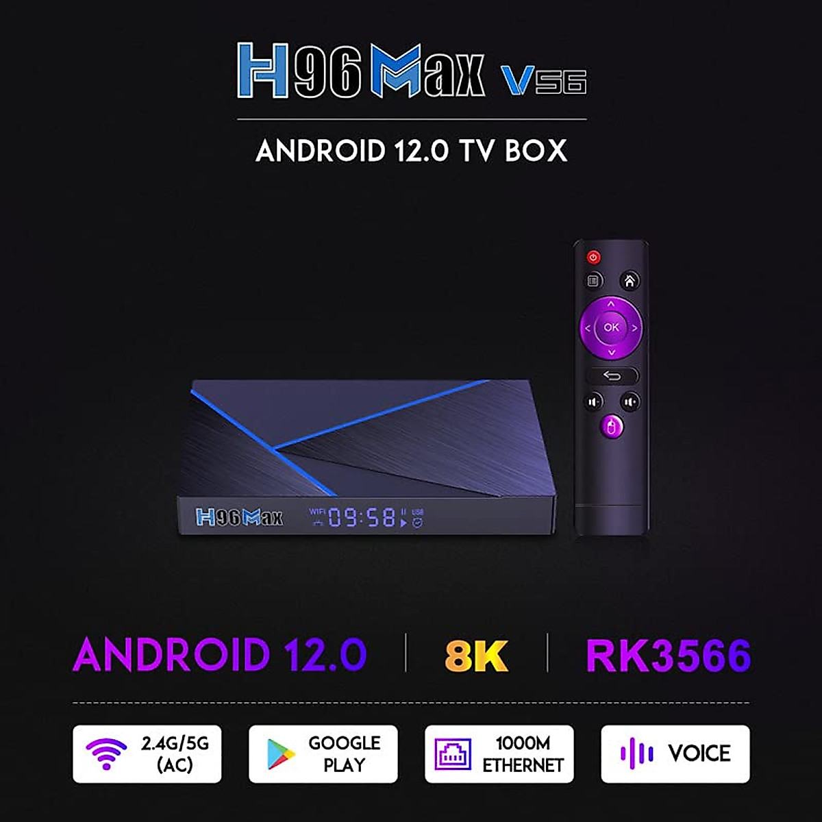 H96 MAX V56 TV Box Android 12 4GB 32GB Rockchip RK3566 2.4G/5G Dual WiFi H.265 8K Ultra HD Set tv Box with i8 Keyboard