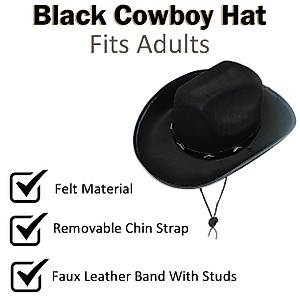 4E's Novelty Black Cowboy Hat for Men & Women - Felt Studded Black Cowgirl Hat for Women Western Themed Party, Cowboy Costume Accessory for Adults