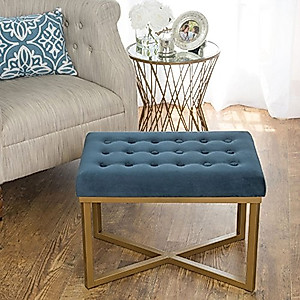 Homepop Home Decor | Upholstered Tufted Velvet Ottoman Bench | Ottoman Bench for Living Room & Bedroom, Blue, 24 x 16 x 17-1/2 inches high