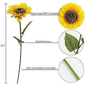 MIZZLES 6pcs Artificial Sunflowers, Long Single Stem Realistic Silk Fake Sunflower Decoration for Home Hotel Office Wedding Party Garden